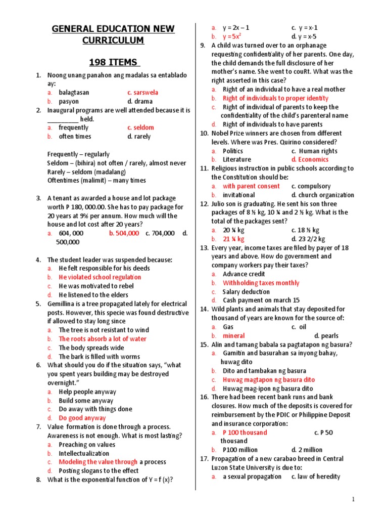 GENERAL EDUCATION Answer Key198 Items | PDF | Taxes | Organ Transplantation