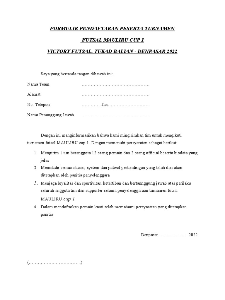 Formulir Pendaftaran Peserta Turnamen | PDF