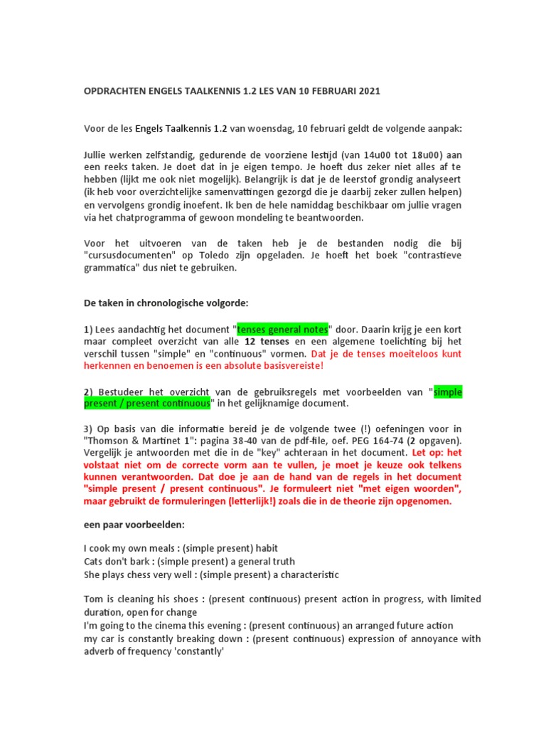 Opdrachten Engels Taalkennis 1.2 Les Van 10 Februari 2021 | PDF