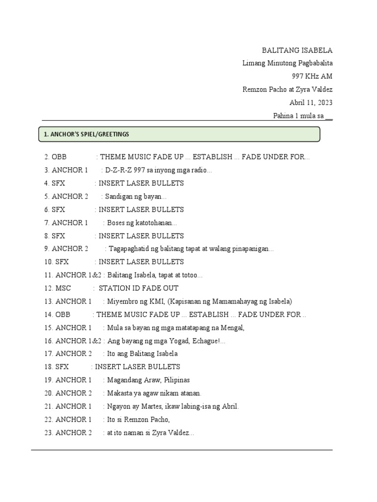 Balitang Isabela Script | PDF