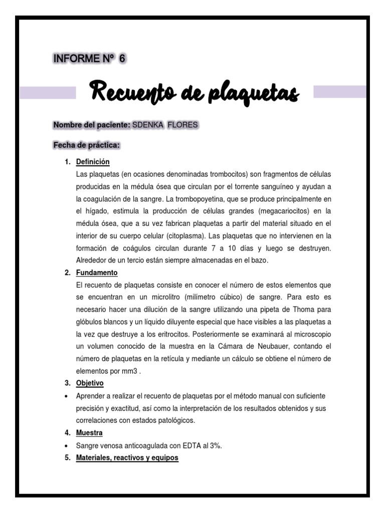 INFORME #6 Recuento de Plaquetas | PDF | Sangre | Plaqueta INFORME #6 Recuento de Plaquetas | PDF | Sangre | Plaqueta