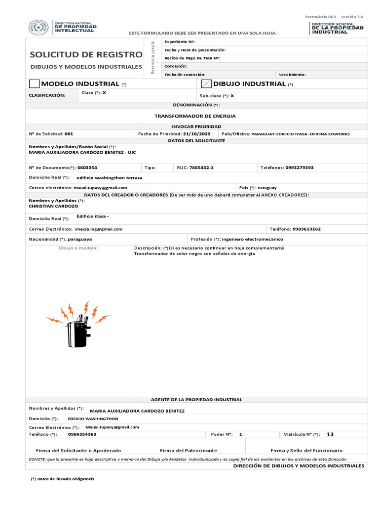 Formulario 003 Registro Dibujos y Modelos Industriales | PDF