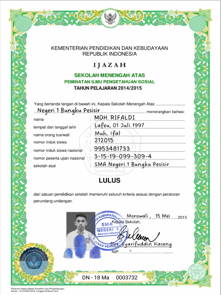 Blangko Ijazah SMA Moh - Rifaldi (SMA 2015 | PDF