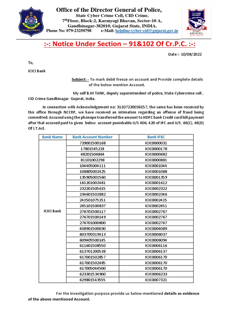 ICICI Bank Account Freeze Notice | PDF | Cybercrime | Debit Card