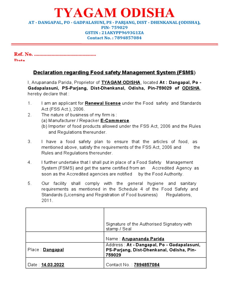Declaration by FSMS in Pad | PDF