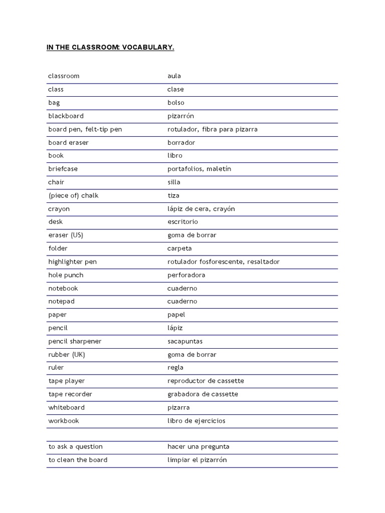 In The Classroom - Vocabulary | PDF | Estudios de idiomas extranjeros