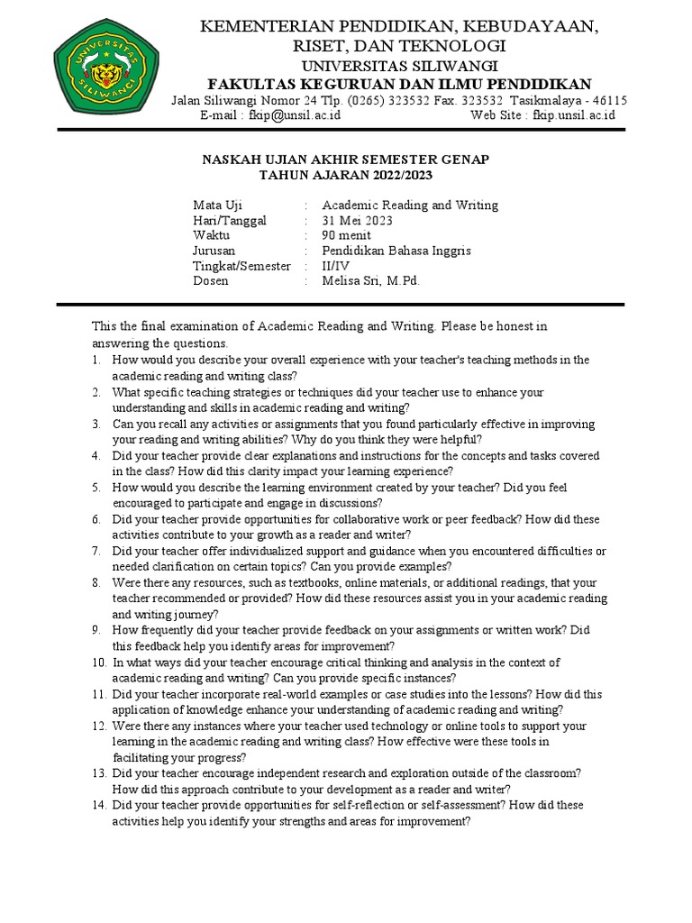 Soal UAS Academic Reading and Writing 2022-2 | PDF | Teachers | Teaching Method
