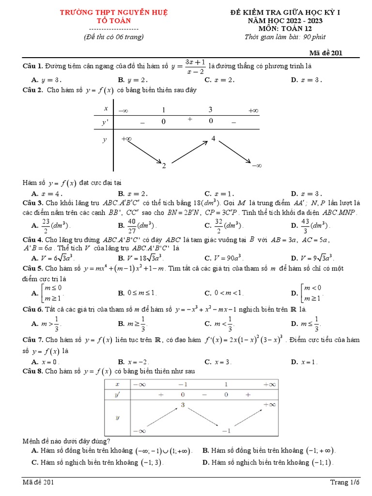 De Giua Ky 1 Toan 12 Nam 2022 2023 Truong THPT Nguyen Hue Phu Yen | PDF