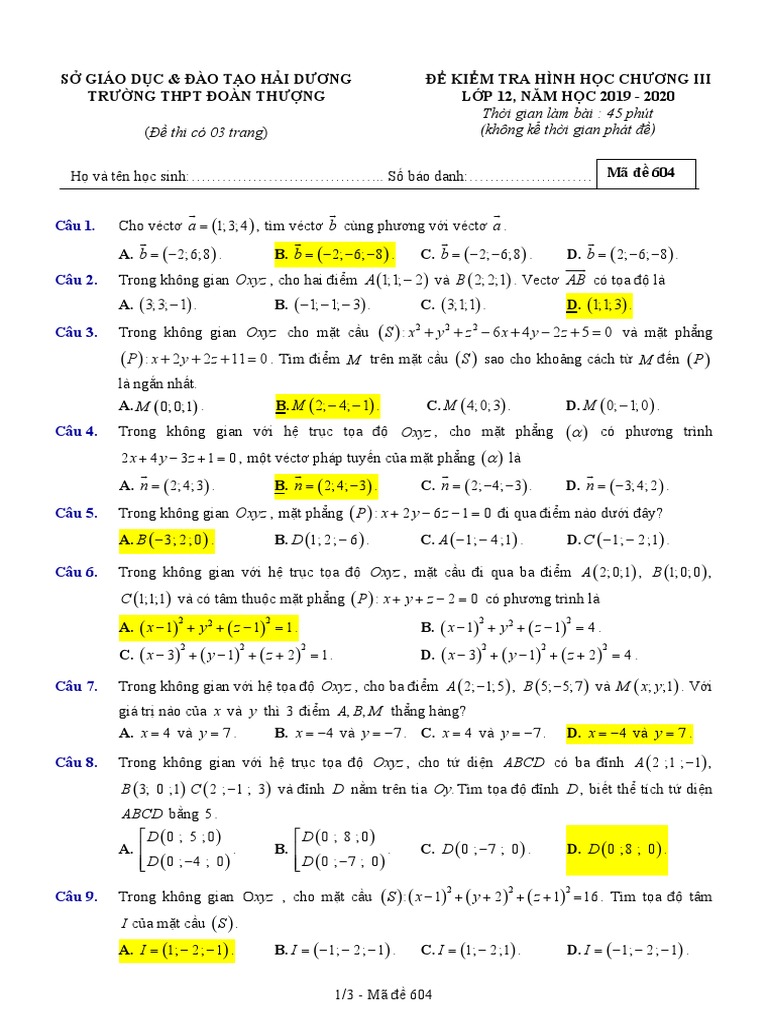 De Kiem Tra Hinh Hoc 12 Chuong 3 Nam 2019 2020 Truong Doan Thuong Hai Duong | PDF