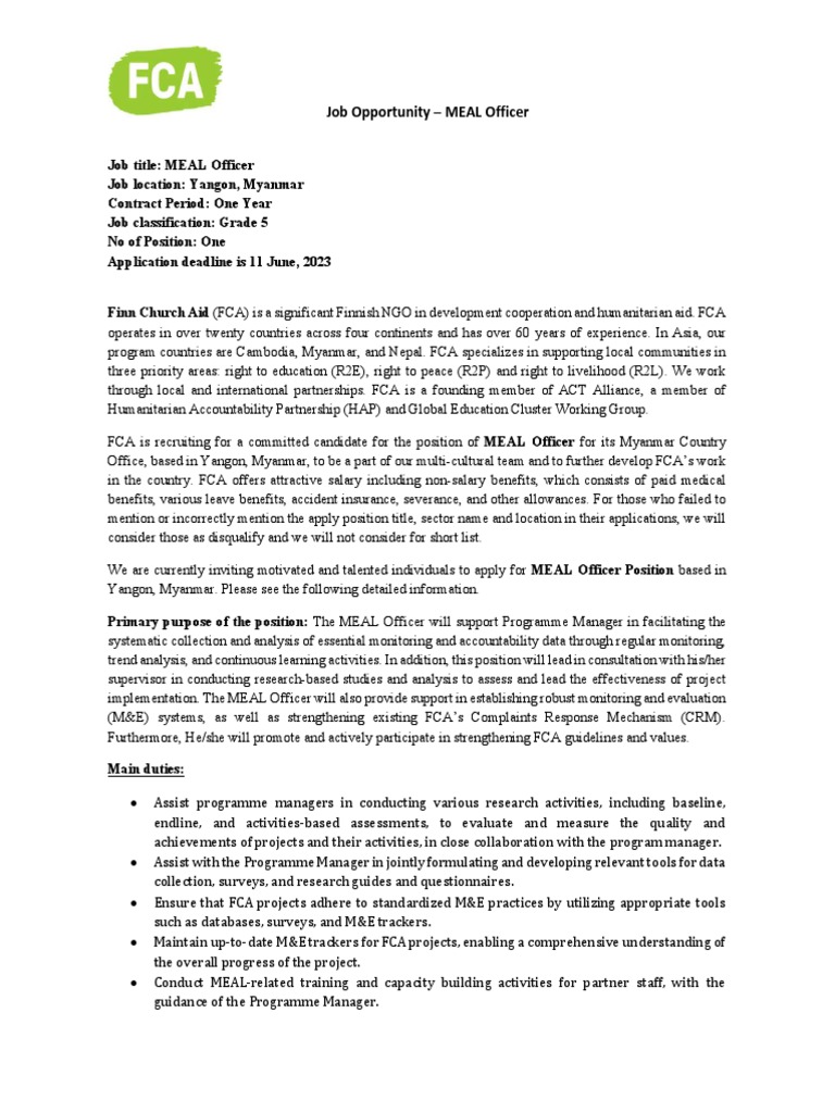 Job Opportunity FCA MEAL Officer | PDF | Evaluation