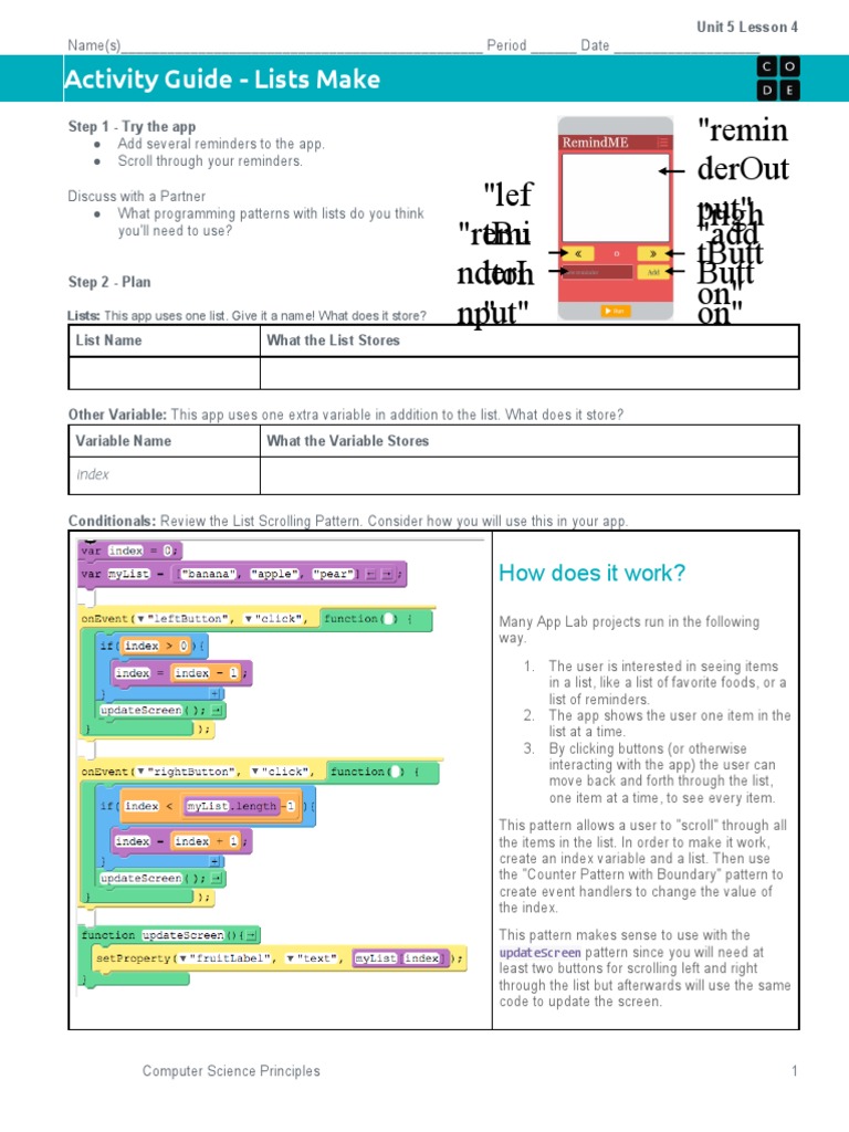 Activity Guide - Lists Make - Unit 5 Lesson 4 | PDF | Programming ...