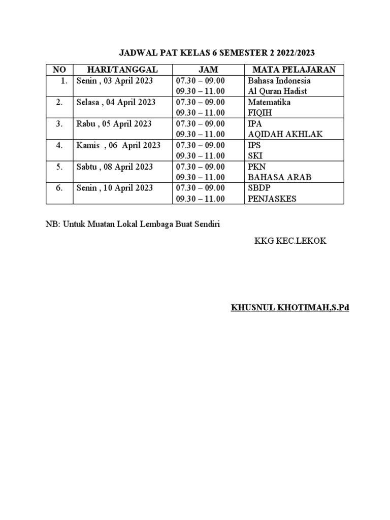 Jadwal Pat Kelas 6 Semester 2 Tahun 2023 | PDF | Ilmu Sosial