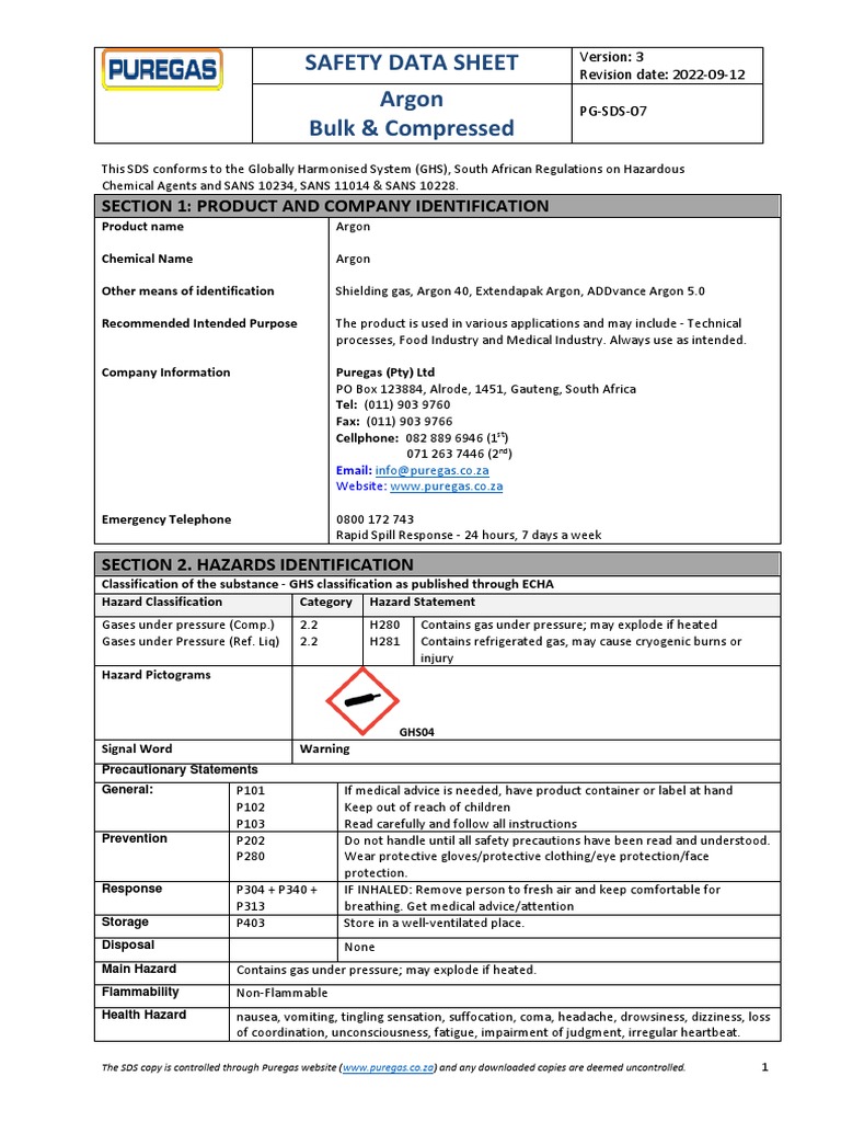 Argon Compressed | PDF | Nature | Safety