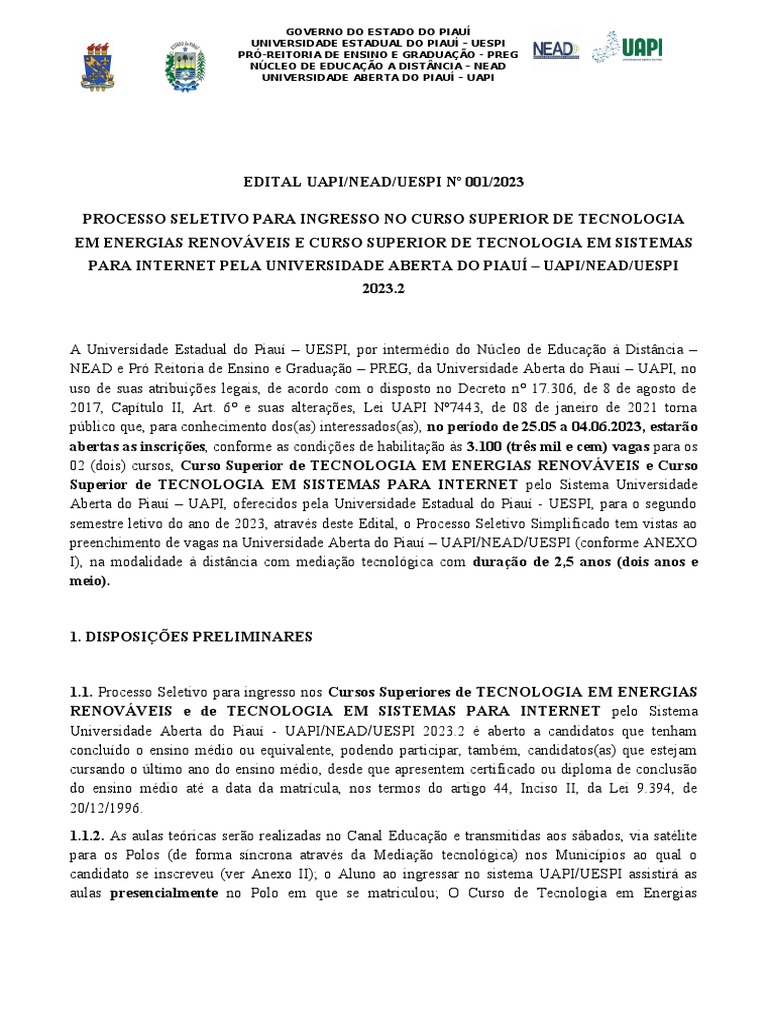 Processo Seletivo UAPI/NEAD 2023.2 | PDF | Educação à distância ...