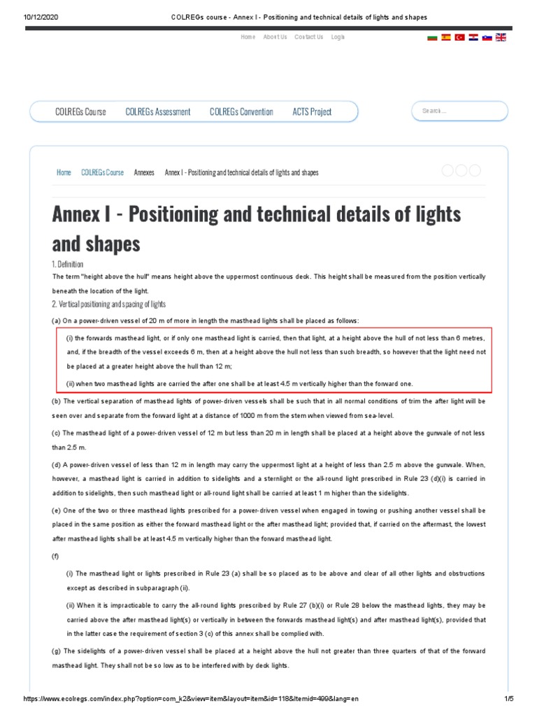 COLREGs Course - Annex I - Positioning and Technical Details of Lights ...