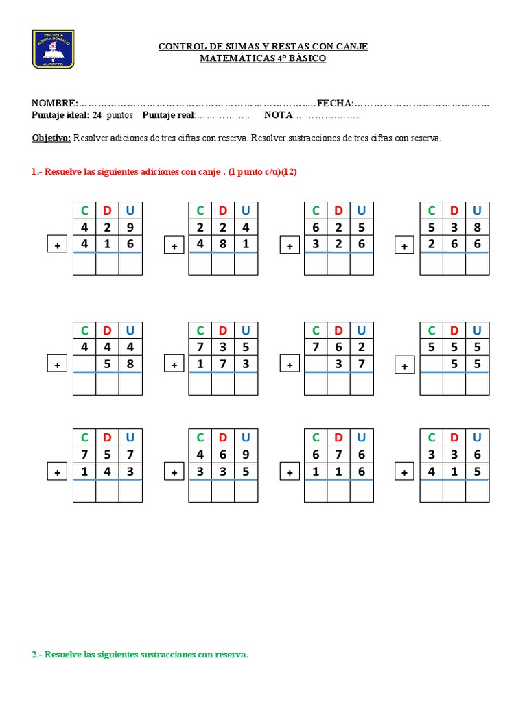 Control de Sumas y Restas Con Canje | PDF