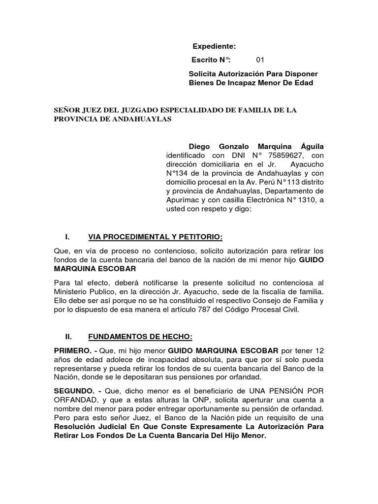 Solicitud para Disponer Derechos de Incapaces | PDF | Ley procesal ...