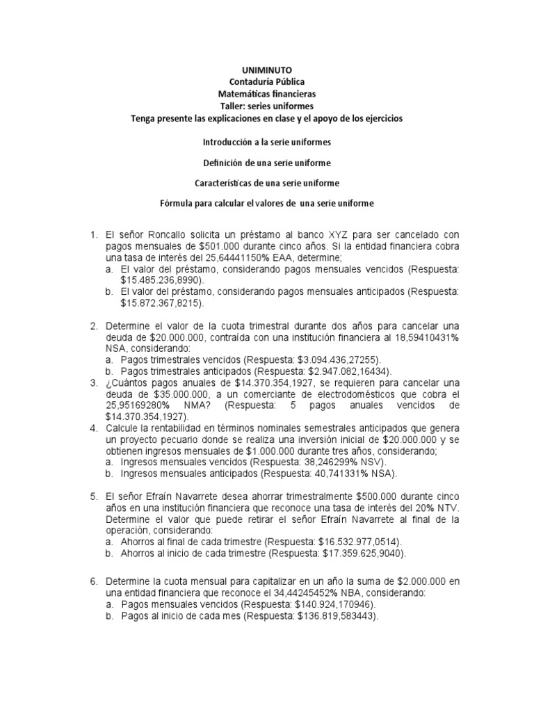 Taller de Series Uniformes Financieras | PDF | Interés | Bancos
