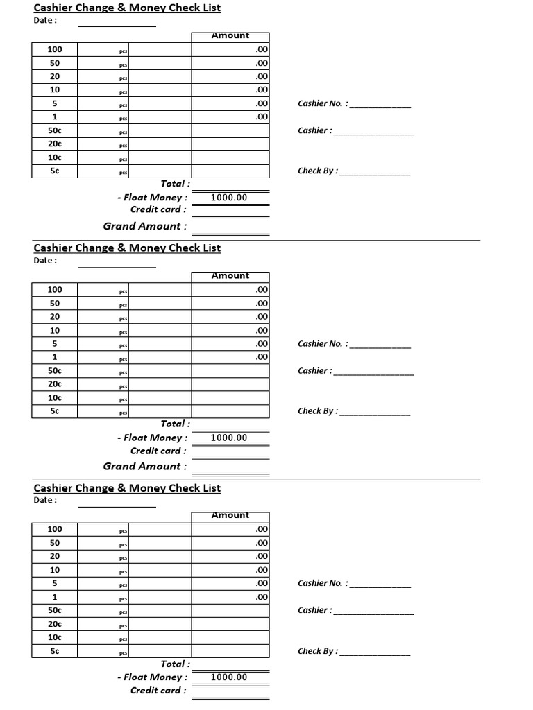 Cashier Change and Money Checklist | PDF