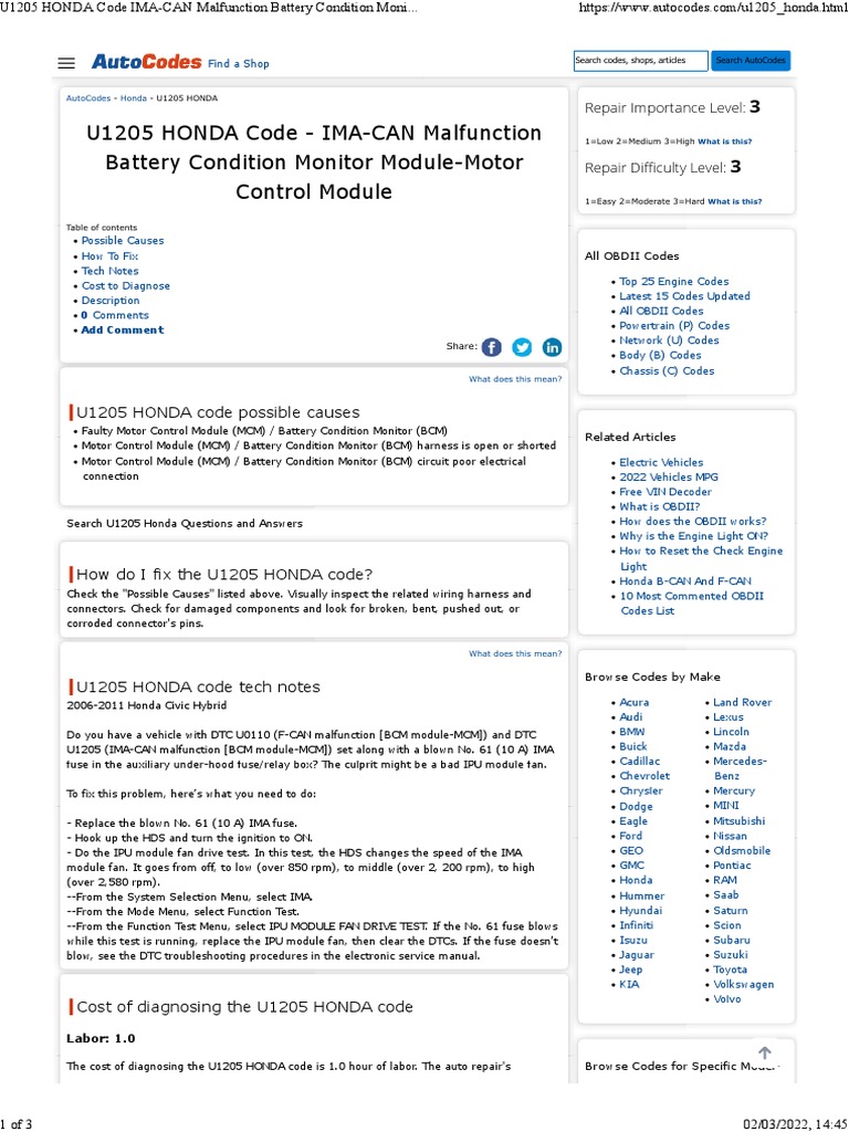 U1205 HONDA Code IMA-CAN Malfunction Battery Condition Monitor Module ...