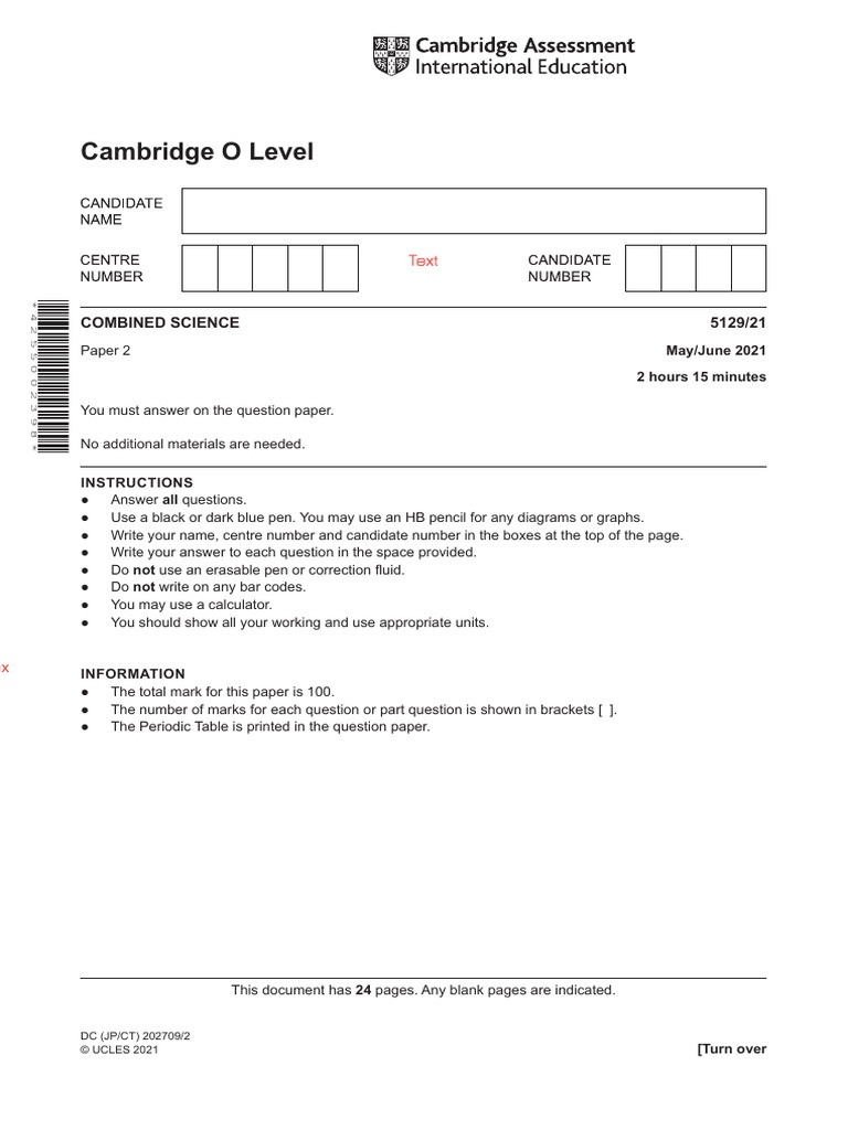 Cambridge O Level: Combined Science 5129/21 | PDF
