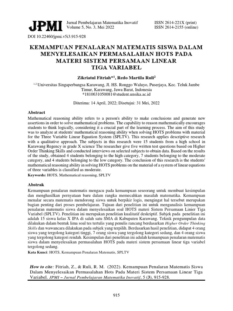 Kemampuan Penalaran Matematis Siswa Dalam Menyelesaikan Permasalahan Hots Pada Materi Sistem ...