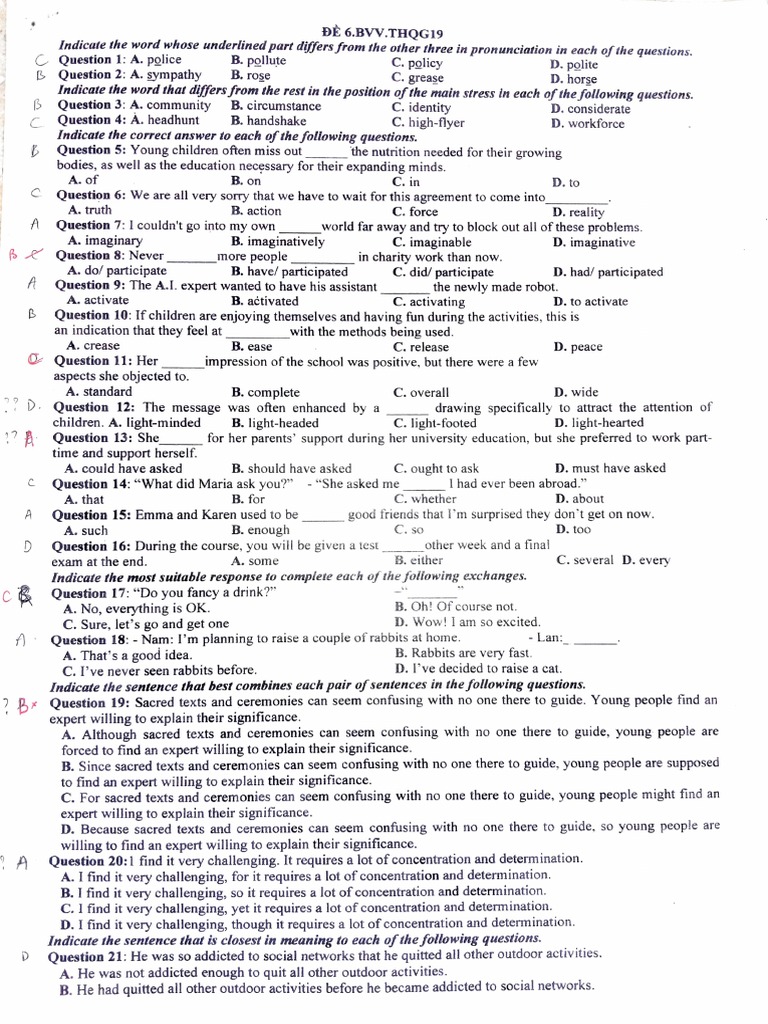 ĐỀ ÔN TẬP TIẾNG ANH THPTQG (MÃ ĐỀ 6.BVV.THQG19) | PDF