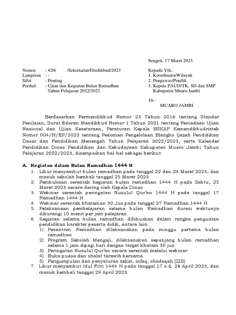 Edaran Ujian Dan Kegiatan Bulan Ramadhan TP 2223 | PDF