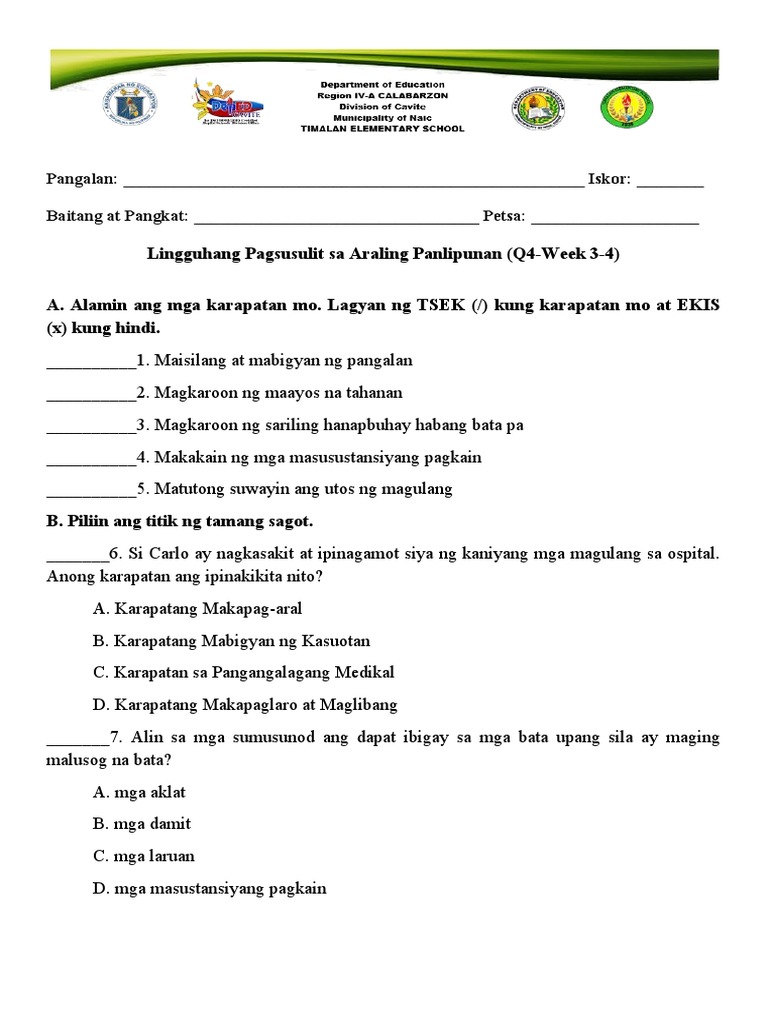 AP Q4 Weekly Test Week 3-4 | PDF