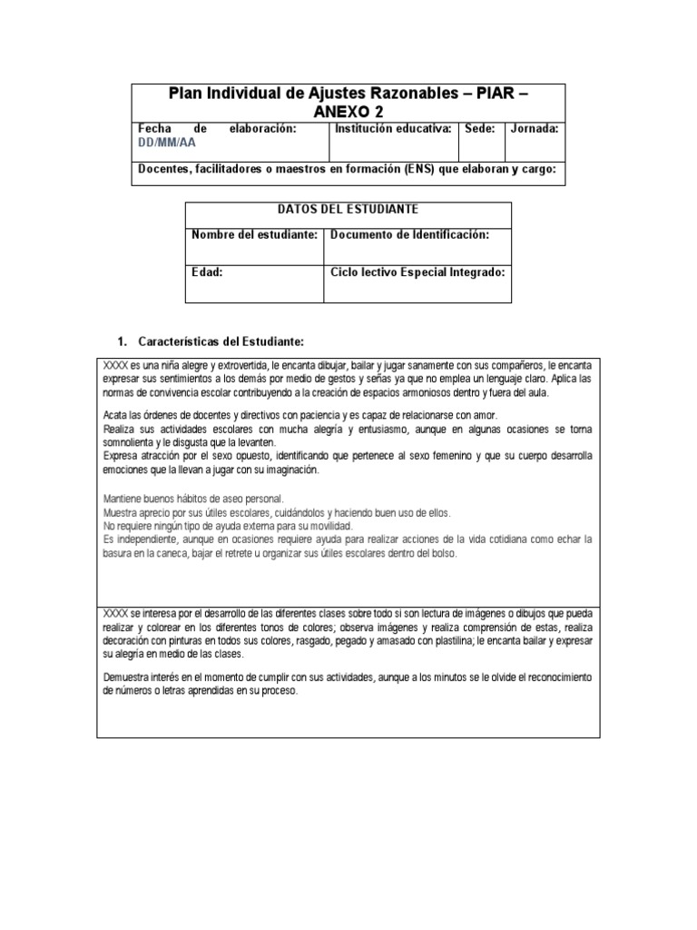 Plan Individual de Ajustes Razonables | PDF | Educación de la primera ...