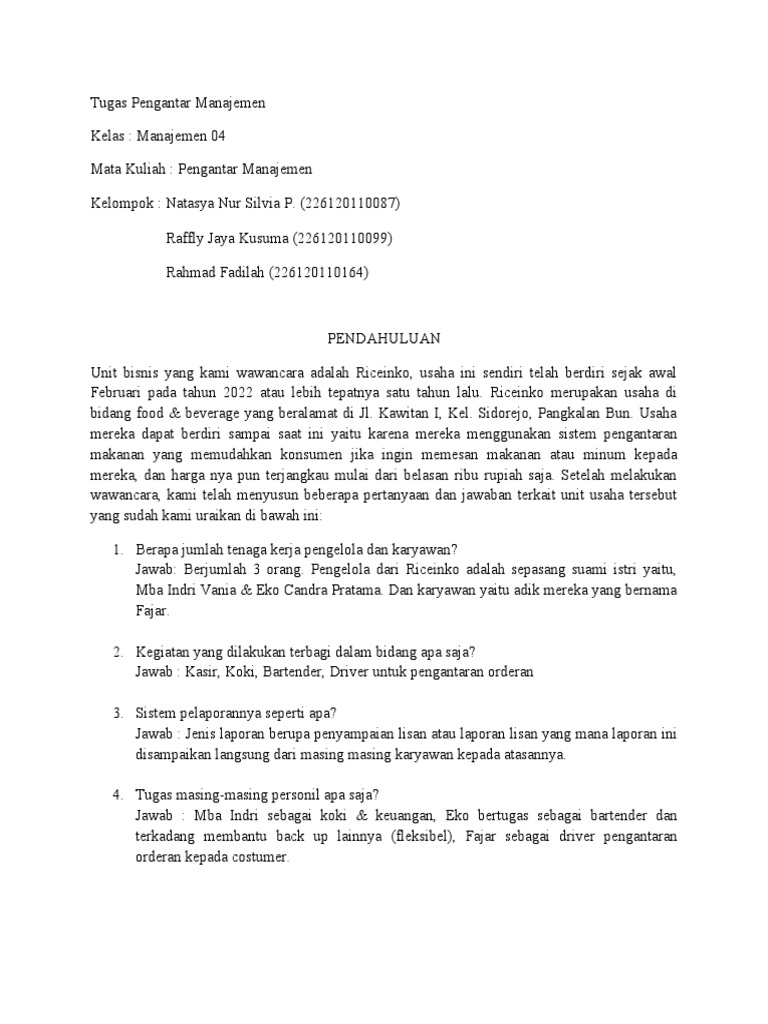 Pengantar Manajemen - Mengetahui Dasar Unit Bisnis Berdasarkan 5W+1H | PDF