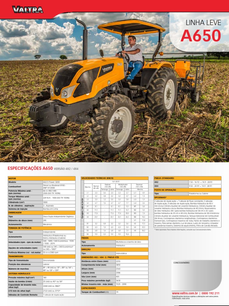 Especificações do Trator Valtra A650 | PDF | Engenharia Mecânica