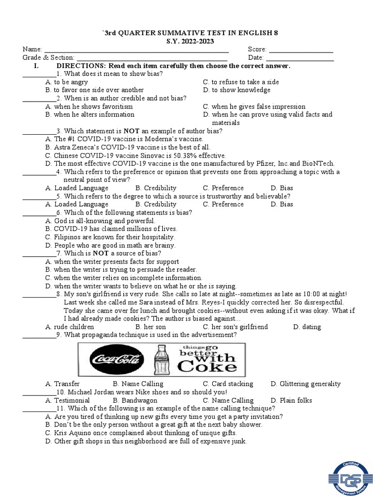 Grade 8 3rd QTR SUMMATIVE ASSESSMENT 2022-2023 | PDF | Rama | Sita