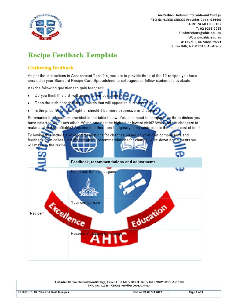 Sithkop010 Recipe Feedback Template N0svvedk | PDF
