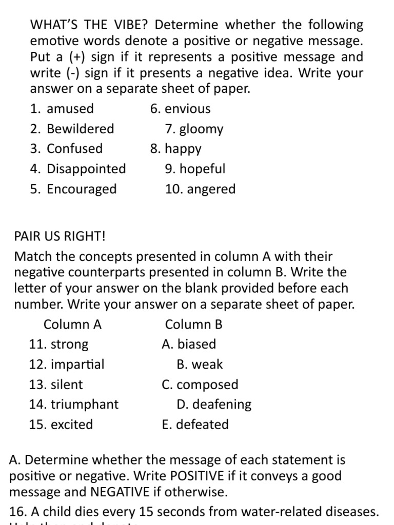 Grade 8 Positive Negative Activity | PDF
