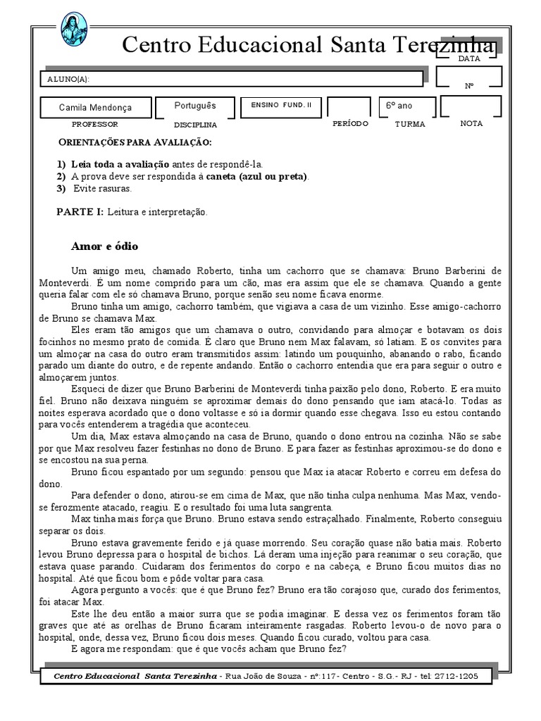 (2 CHAMADA) AV2 - Português 2º Período - Sta. Terezinha | PDF | Cães | Amor
