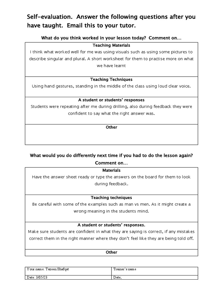 Self Evaluation Form Tp1 | PDF