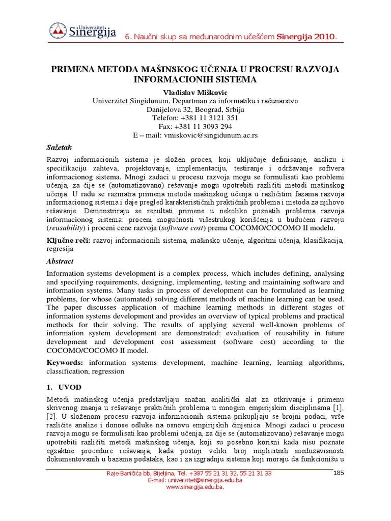 Primena Metoda Mašinskog Učenja U Procesu Razvoja Informacionih Sistema | PDF