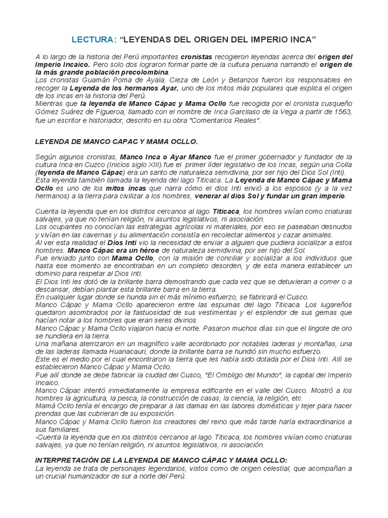 LECTURA-Tema 1-LEYENDA DEL ORIGEN DEL IMPERIO INCA | PDF