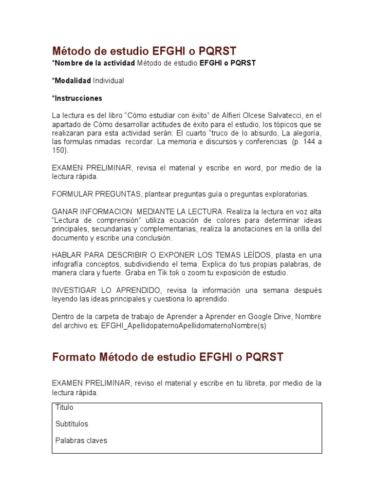 Formato Método de Estudio EFGHI o PQRST | PDF | Aprendizaje | Cognición