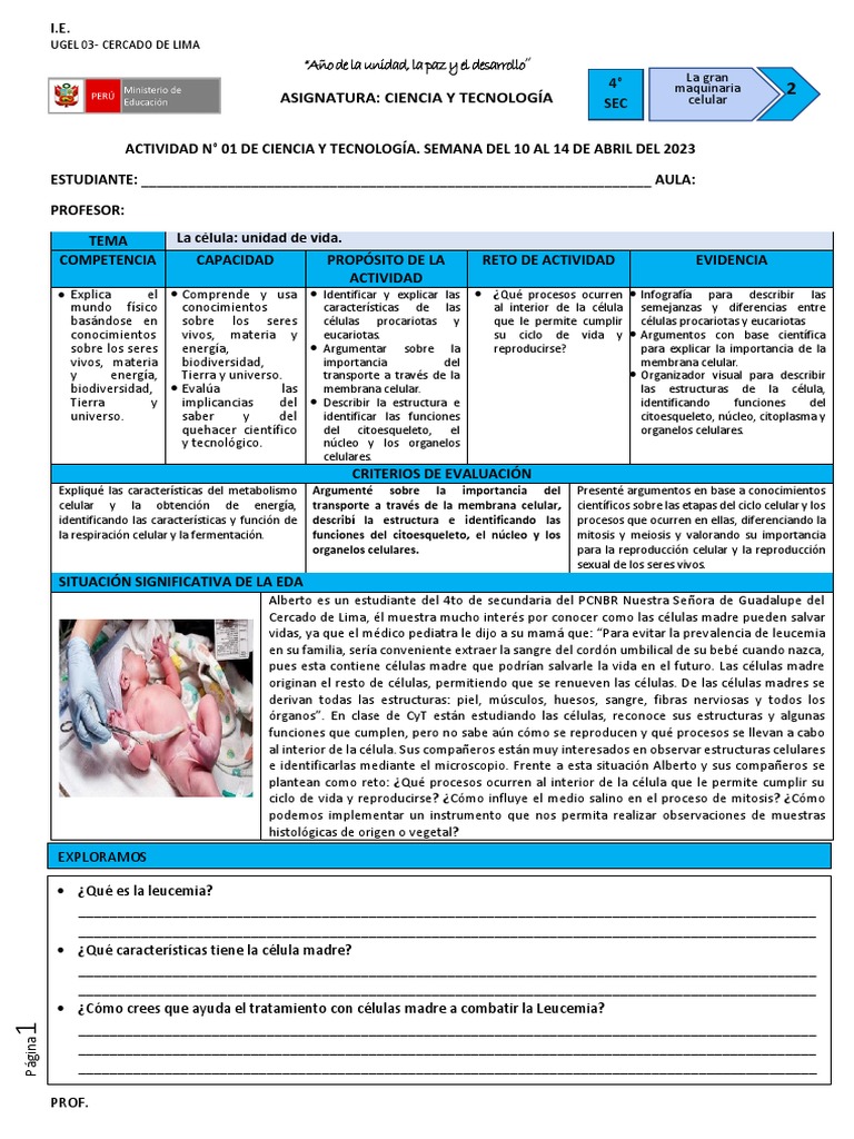 (PDF) 4° SEC. EDA 2 SEMANA 1 Explica CYT 2023 La Célula Unidad de Vida | PDF
