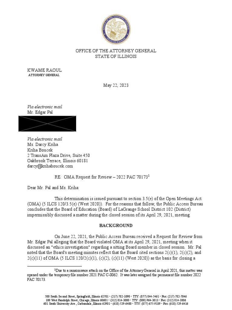 Illinois OMA Review: LaGrange School Board | PDF | Lawsuit | Federal Bureau Of Investigation