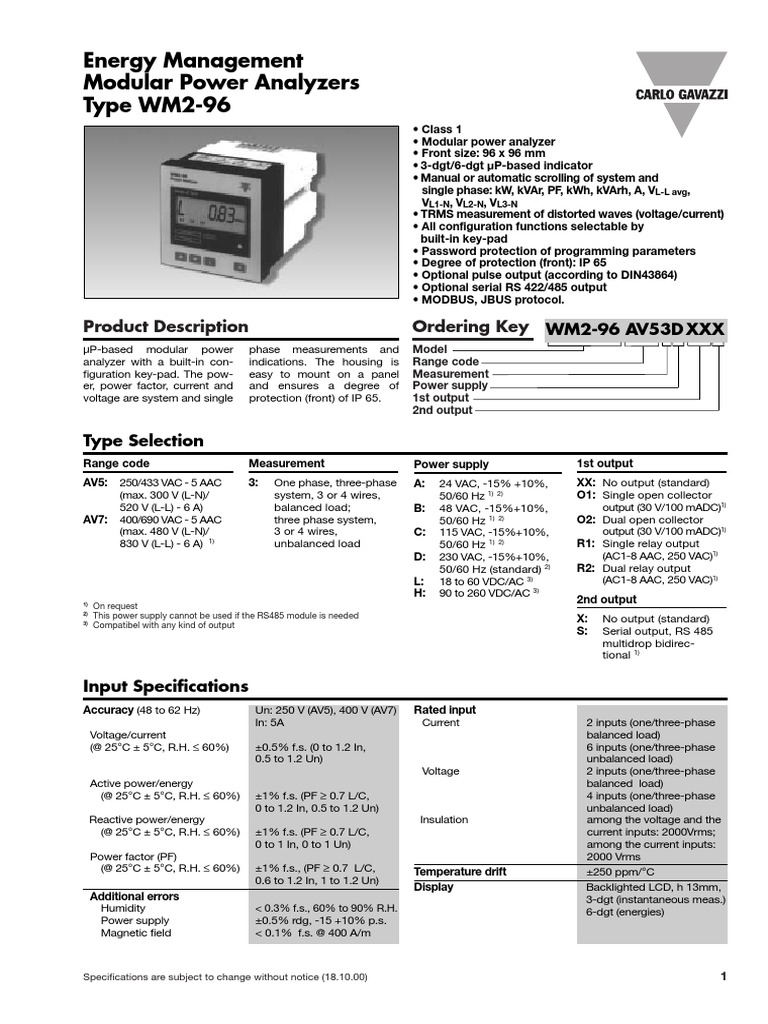 WM2-96 CarloGavazzi | PDF | Alternating Current | Power Supply