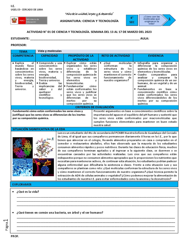 (PDF) 4° SEC. EDA 1 SEMANA 1 CYT EXPLICA 2023 Vida y Moléculas | PDF | Organismos | Biomoléculas