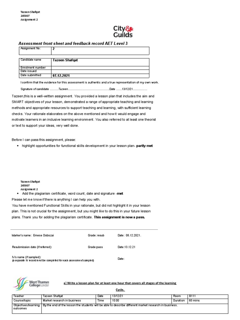 Assignment 2 Pass Aet | PDF | Lesson Plan | Educational Assessment