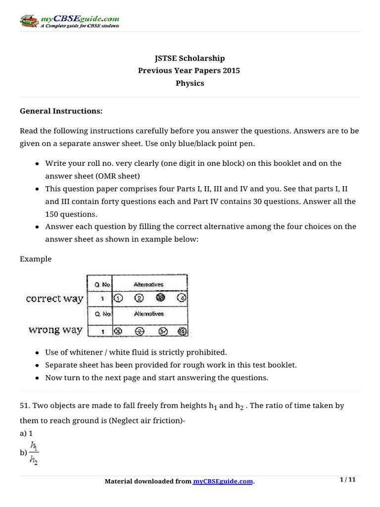 JSTSE Physics Previous Year Papers 2015 | PDF | Force | Mass