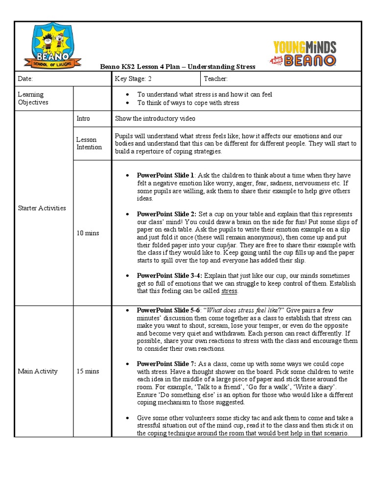 Beano PSHE Lesson 4 Lesson Plan Understanding Stress KS2 | PDF