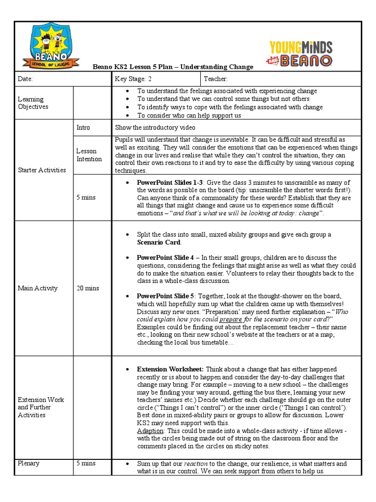 Beano PSHE Lesson 5 Lesson Plan Understanding Change KS2 | Download ...