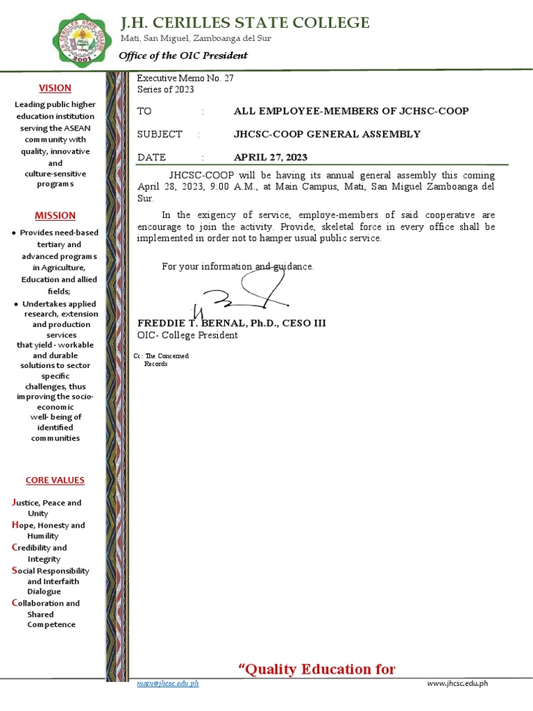 Executive Memo.27 S. 2023.JHCSC COOP Gen Ass | PDF