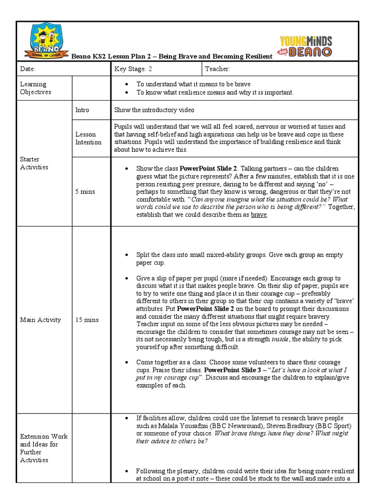 Beano PSHE Lesson 2 Lesson Plan Being Brave and Becoming Resilient KS2 ...